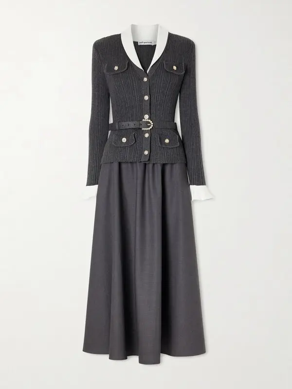 SELF-PORTRAIT Belted Embellished Ribbed-knit And Twill Midi Dress - Gray