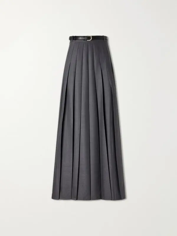 SELF-PORTRAIT Belted Pleated Grain De Poudre Maxi Skirt