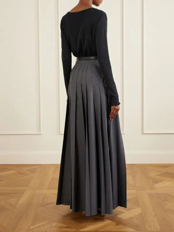 SELF-PORTRAIT Belted Pleated Grain De Poudre Maxi Skirt