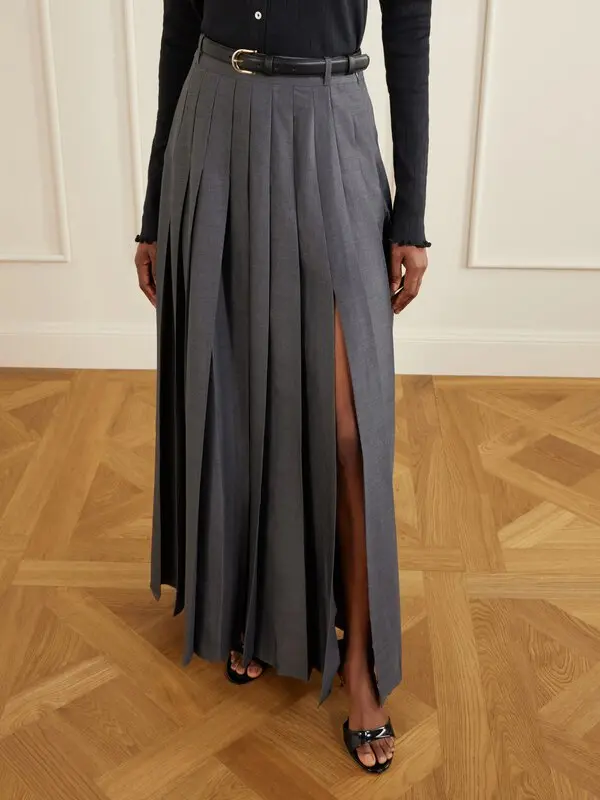 SELF-PORTRAIT Belted Pleated Grain De Poudre Maxi Skirt