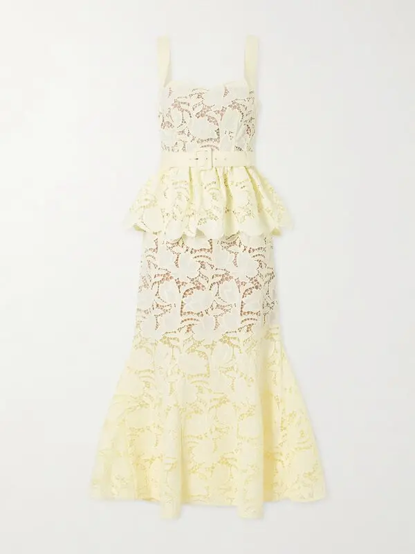 SELF-PORTRAIT Belted Lace Peplum Midi Dress - Yellow