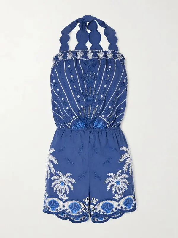 Farm Rio Engineering" Scalloped Broderie Anglaise Linen-blend Playsuit - Blue