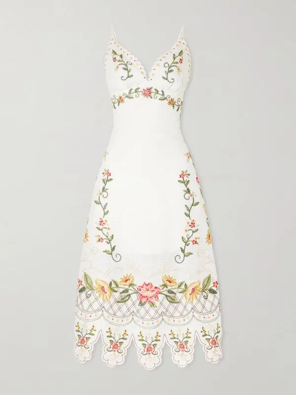 Farm Rio Embroidered Linen Midi Dress - Neutrals