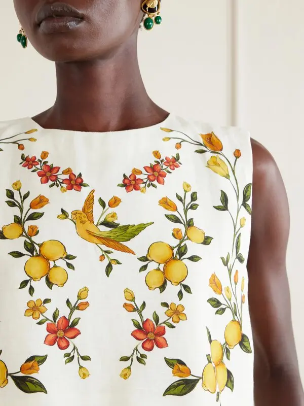 Farm Rio Lemon Bouquet Embroidered Linen-blend Blouse - Neutrals