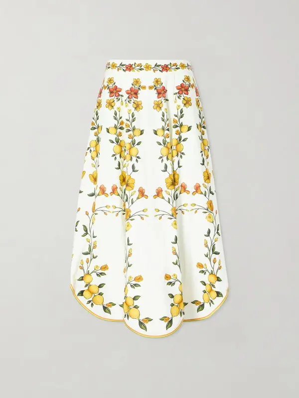 Farm Rio Lemon Bouquet Printed Linen-blend Midi Skirt - Neutrals