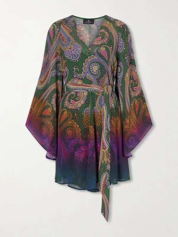 Etro Belted Paisley-printed Jersey Mini Dress - Blue