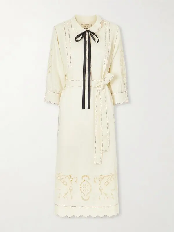 Vita Kin Samarkand Linen Midi Dress With Broderie Anglaise Trim - Neutrals