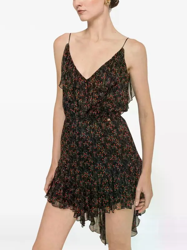 NISSA Printed Asymmetric Silk Mini Dress - Black