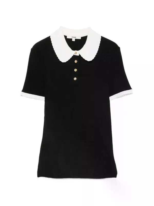 Maje Ribbed Polo Top With Contrast Collar - Black