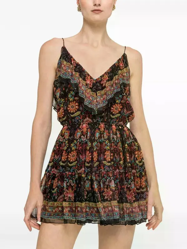 NISSA Floral Print Silk Mini Dress - Black