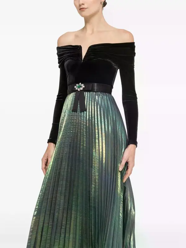 NISSA Velvet Bodice Metallic Chiffon Midi Dress