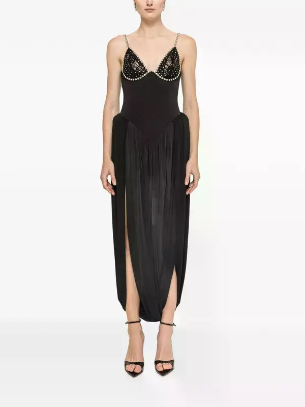 NISSA Exaggerated Hip Midi Dress With Embellished Lace Bust - Black