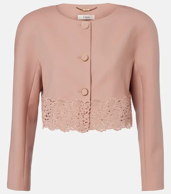 Chloé Cropped Virgin Wool Gabardine Jacket With Lace Trim - Pink