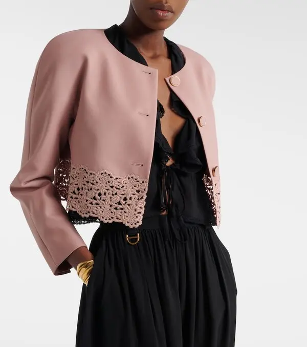 Chloé Cropped Virgin Wool Gabardine Jacket With Lace Trim
