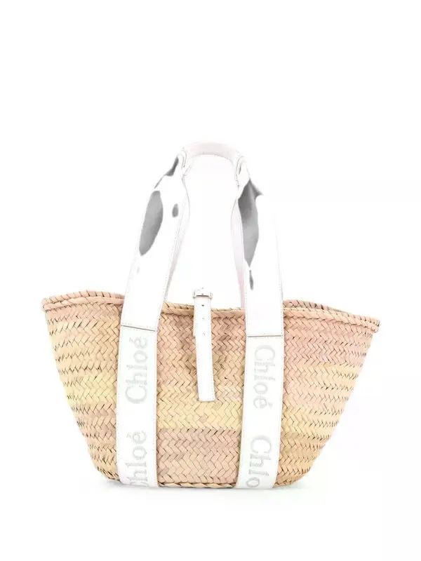 Chloé Sense Basket Tote Raffia Shoulder Bag With Leather Accents - Neutrals