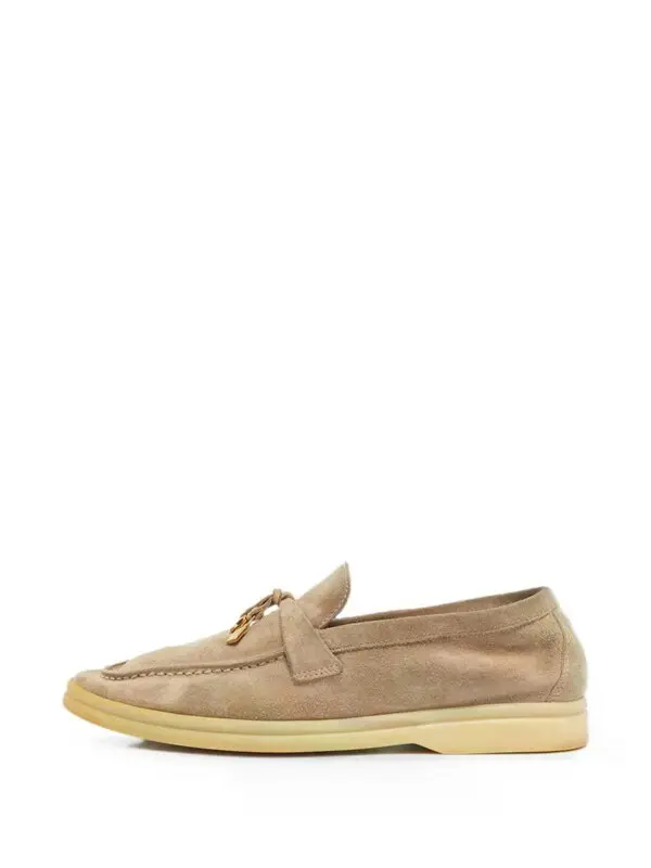 Loro Piana Suede Loafers With Gold-tone Logo Charm - Neutrals