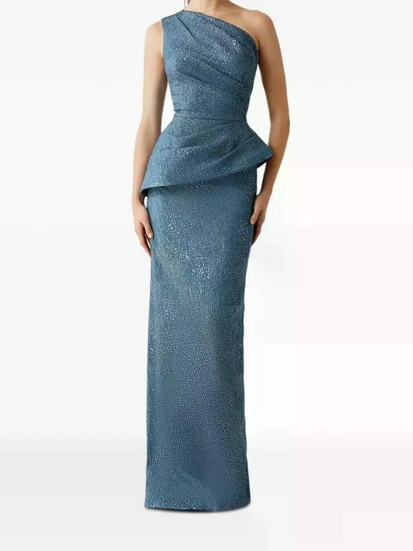 Rickie Freeman For Teri Jon Metallic Jacquard Peplum Gown - Blue