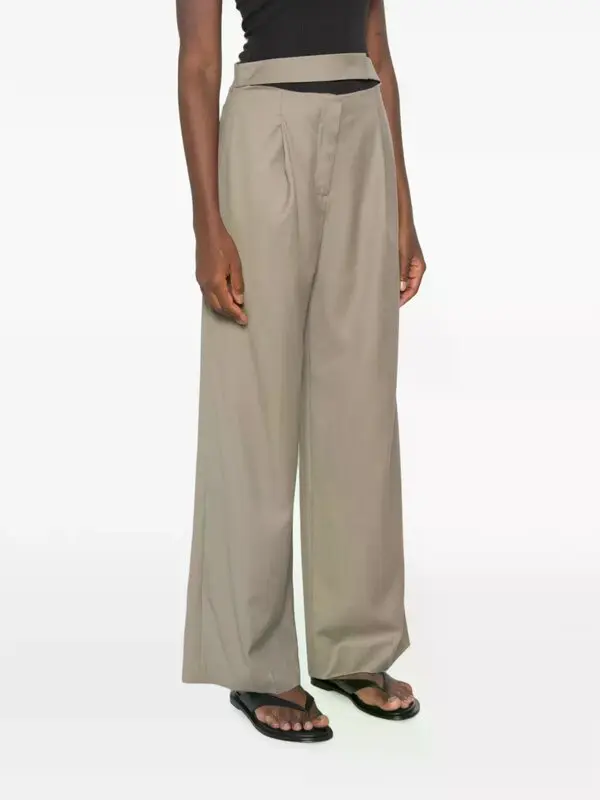 YCH Khaki Wool Cut-out Wide-leg Tailored Trousers