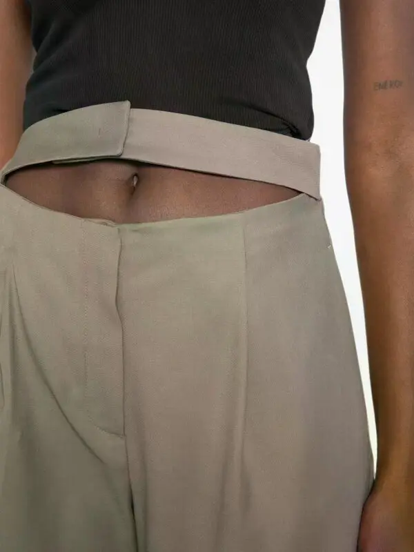 YCH Khaki Wool Cut-out Wide-leg Tailored Trousers