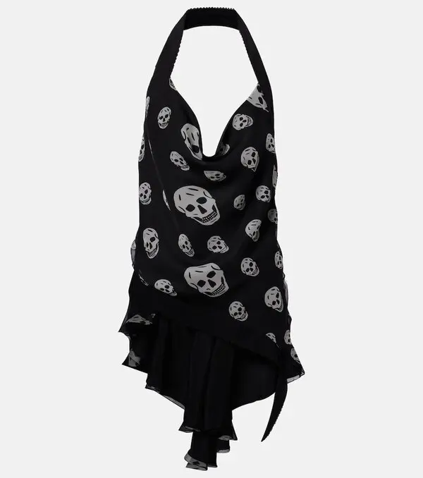 Alexander McQueen Skull Print Asymmetrical Halterneck Chiffon Top - Black