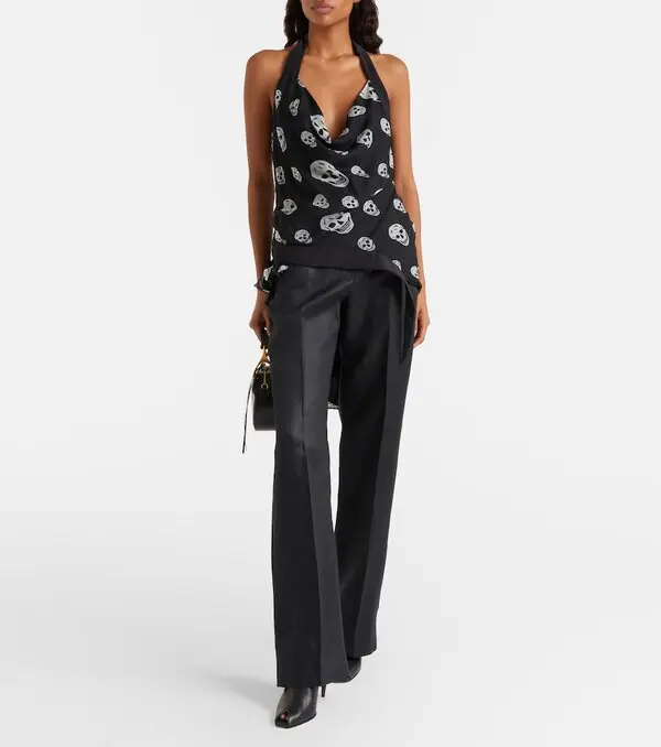 Alexander McQueen Skull Print Asymmetrical Halterneck Chiffon Top - Black