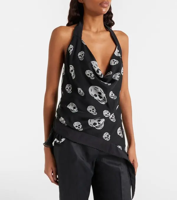 Alexander McQueen Skull Print Asymmetrical Halterneck Chiffon Top - Black