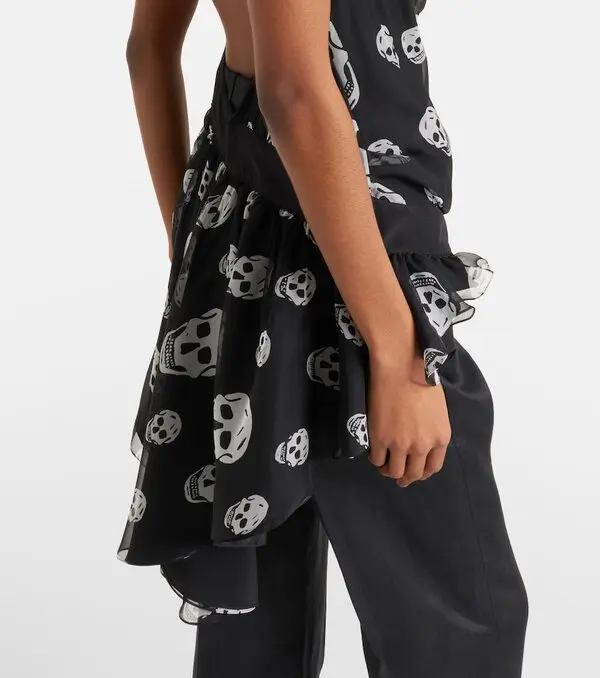 Alexander McQueen Skull Print Asymmetrical Halterneck Chiffon Top - Black
