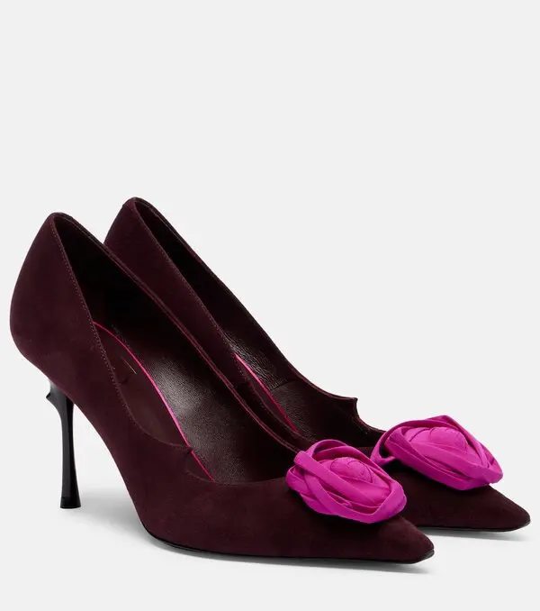 ROGER VIVIER Floral-appliqué Suede Pumps - Burgundy