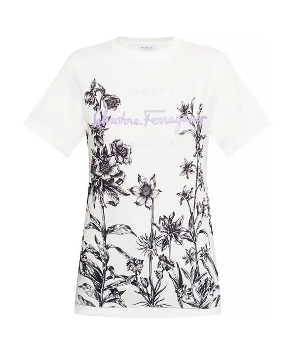 FERRAGAMO Floral-print Cotton T-shirt - White