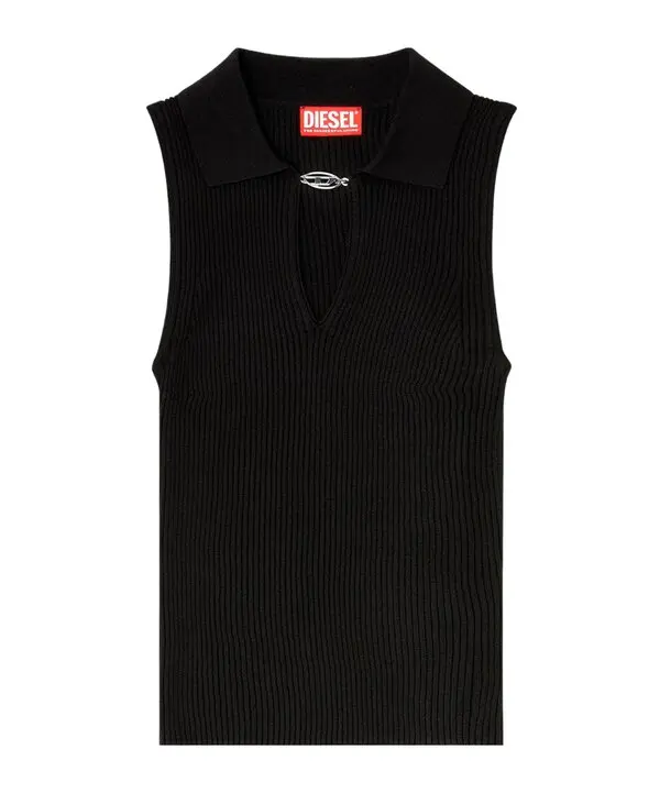 DIESEL® Sleeveless Rib-knit Polo Top In Silk Blend - Black