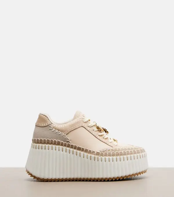 Chloé Nama Platform Sneakers In Suede And Leather - Beige