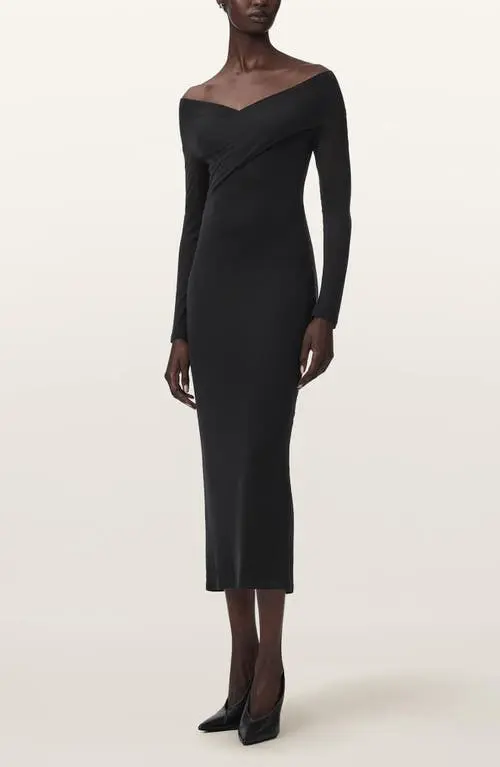 ALLSAINTS Delta Off The Shoulder Long Sleeve Jersey Midi Dress - Black