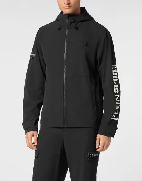 PLEIN SPORT Technical Nylon Hooded Windbreaker Jacket With Long Sleeves - Black