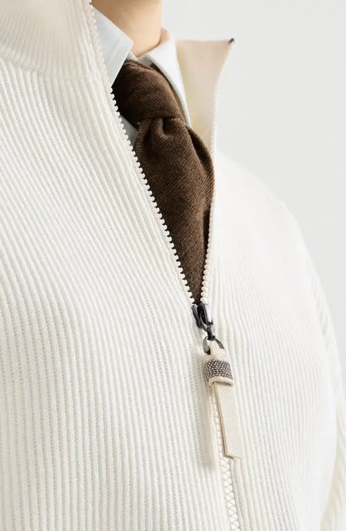 Brunello Cucinelli Cotton English Rib Cardigan With Shiny Zipper Pull