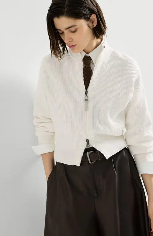 Brunello Cucinelli Cotton English Rib Cardigan With Shiny Zipper Pull