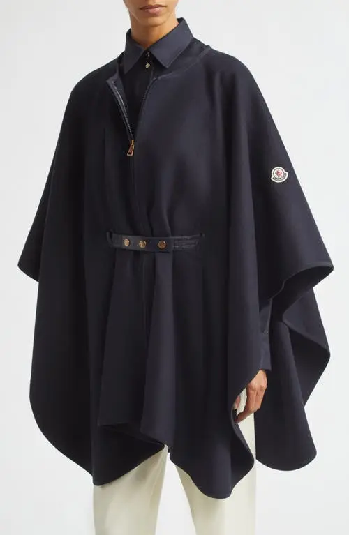 Moncler Zip Padded Wool Blend Hooded Cape - Blue