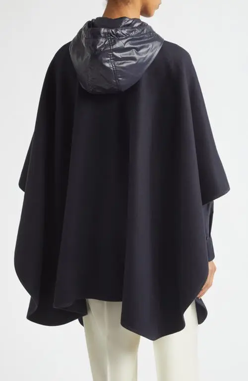 Moncler Zip Padded Wool Blend Hooded Cape - Blue
