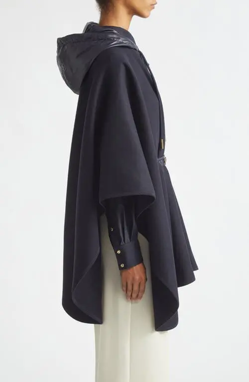Moncler Zip Padded Wool Blend Hooded Cape - Blue