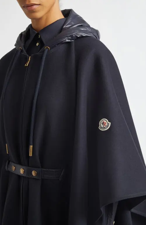 Moncler Zip Padded Wool Blend Hooded Cape - Blue
