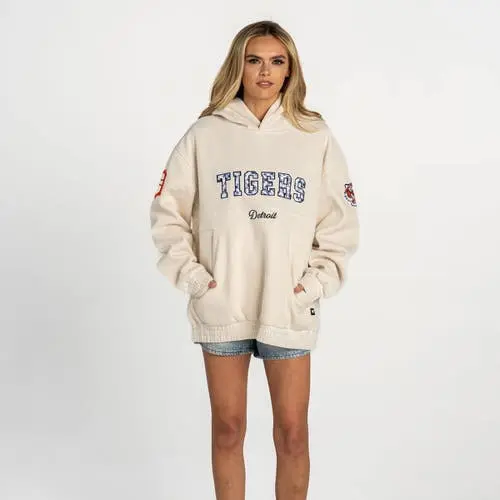 THE WILD COLLECTIVE Detroit Tigers Oversized Cord Tri-blend Hoodie - Cream