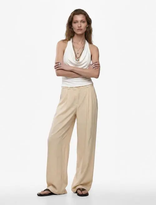 Koton Relaxed Fit Wide Leg Trousers With Elastic Waist - Beige
