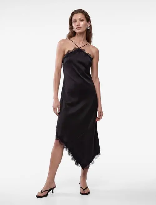Koton Zdnu 81041892 Asymmetrical Lace Trim Satin Slip Dress - Black
