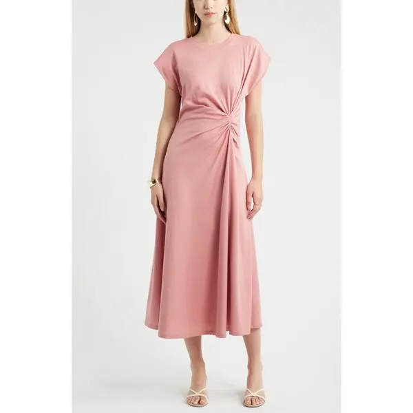 Nordstrom Crewneck Side Twist Midi T-shirt Dress - Pink Compact