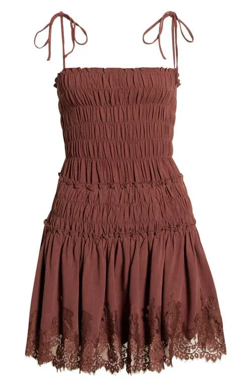 ALL IN FAVOR Shirred Tie Shoulder Lace Trim Minidress - Brown