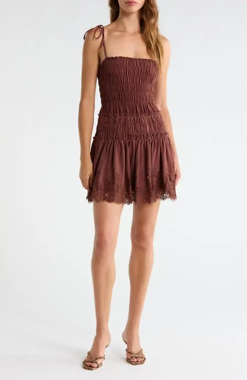 ALL IN FAVOR Shirred Tie Shoulder Lace Trim Mini Dress - Brown