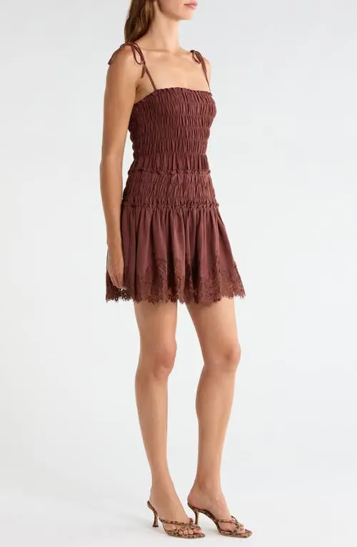 ALL IN FAVOR Shirred Tie Shoulder Lace Trim Mini Dress - Brown