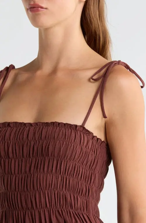 ALL IN FAVOR Shirred Tie Shoulder Lace Trim Mini Dress - Brown