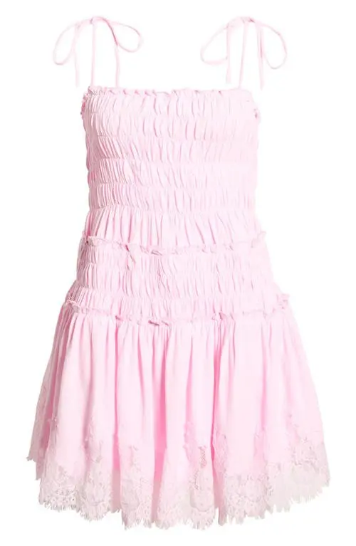 ALL IN FAVOR Shirred Tie Shoulder Lace Trim Minidress - Pink