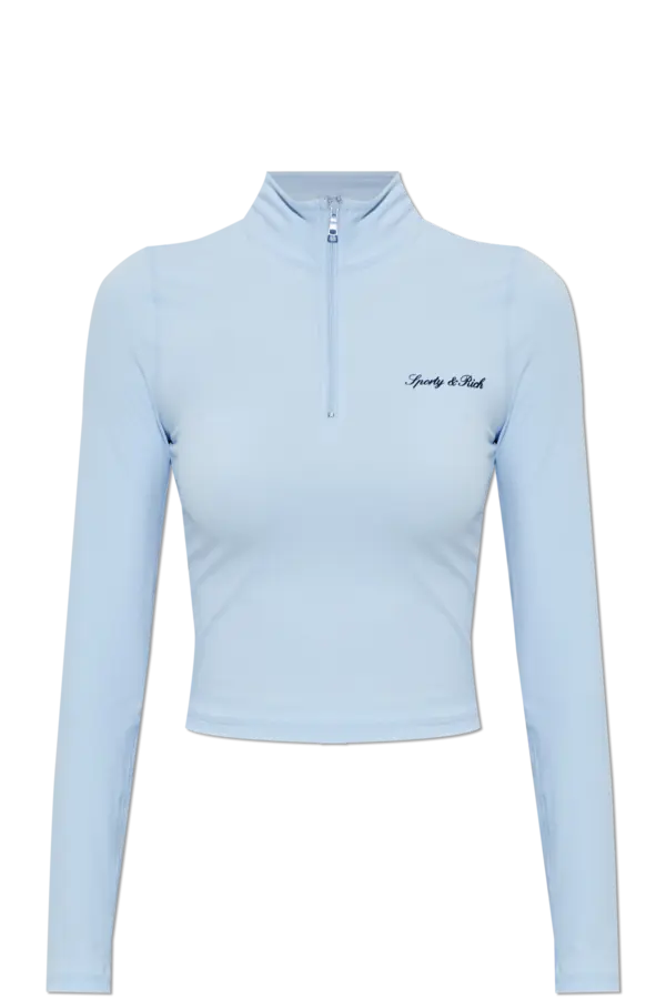 SPORTY & RICH Beverly Hills Tennis" Collection Cropped Long-sleeve Top With Stand Collar - Blue