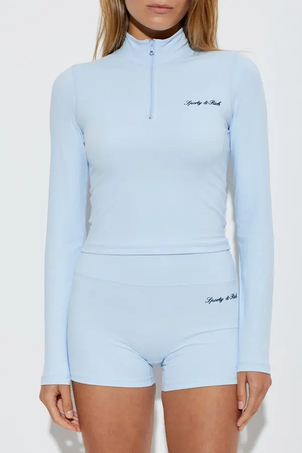 SPORTY & RICH Beverly Hills Tennis" Collection Cropped Long-sleeve Top With Stand Collar